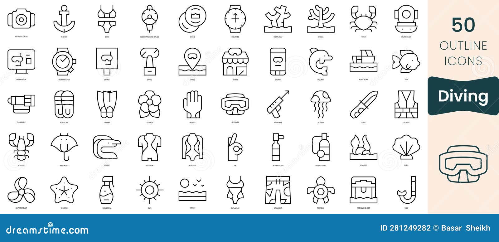 Set of Diving Icons. Thin Linear Style Icons Pack Stock Vector - Illustration of dive, isolated ...