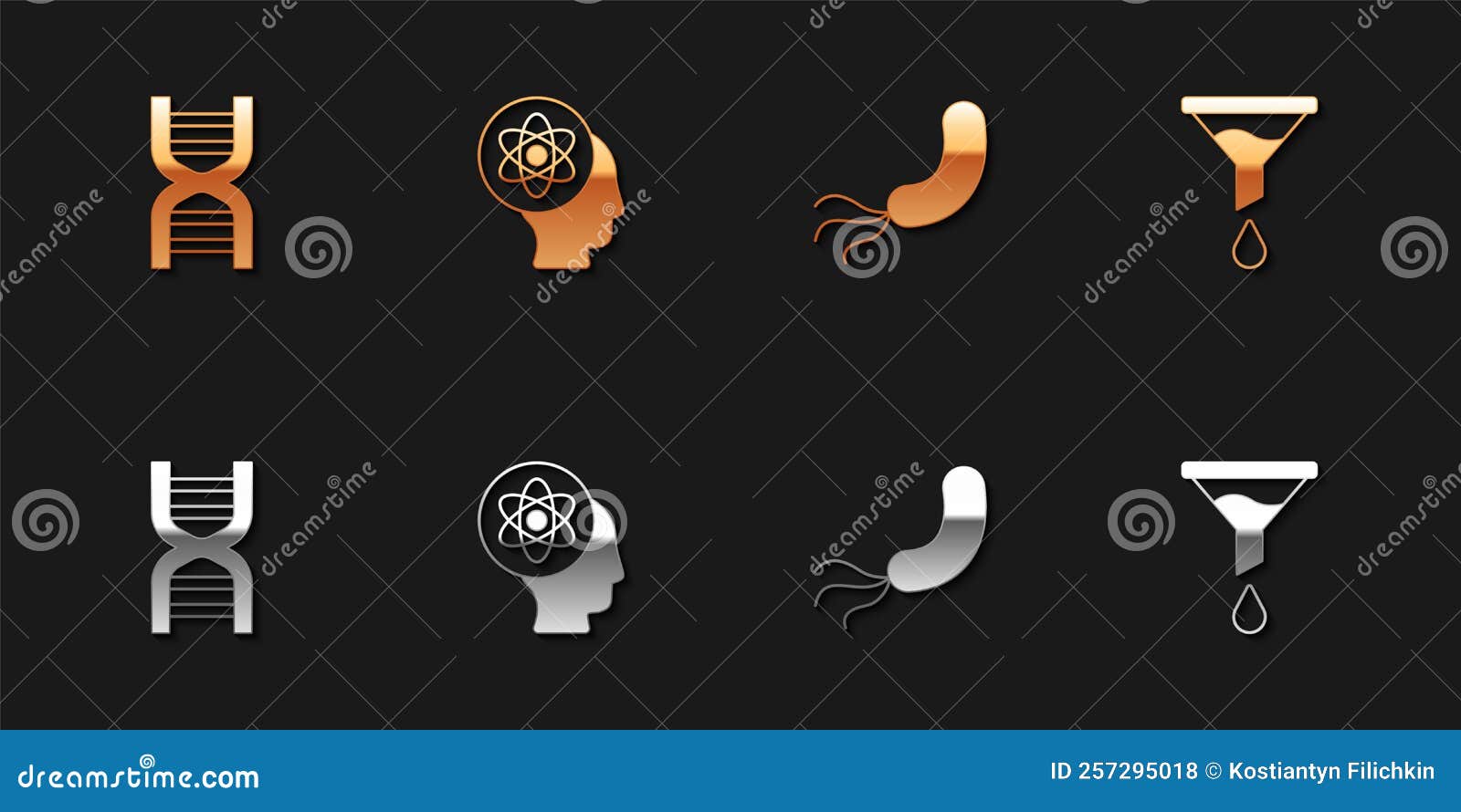 Set DNA Symbol, Atom, Bacteria and Funnel or Filter Icon. Vector Stock ...