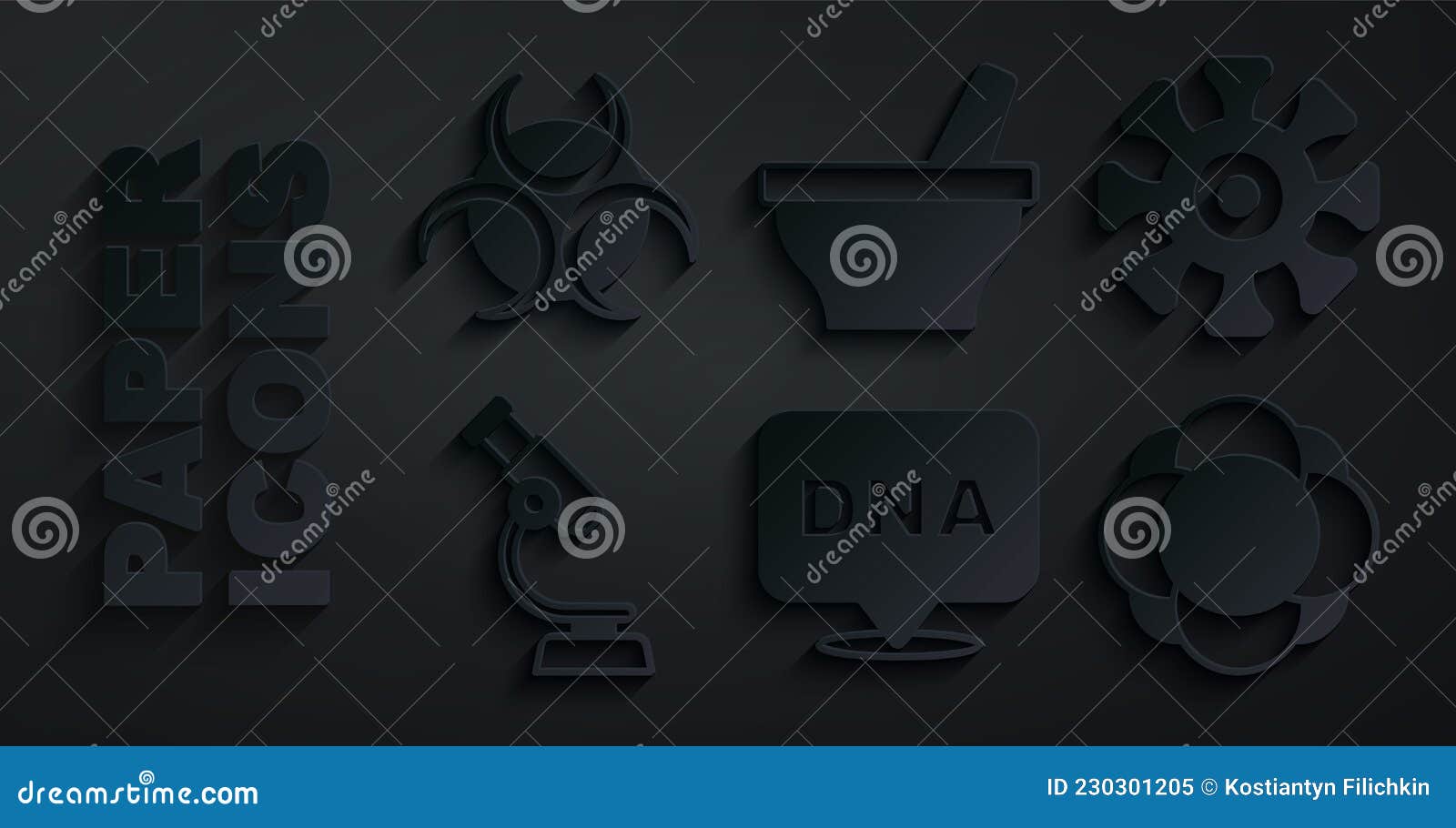 Set DNA Symbol, Bacteria, Microscope, Molecule, Mortar And Pestle And ...