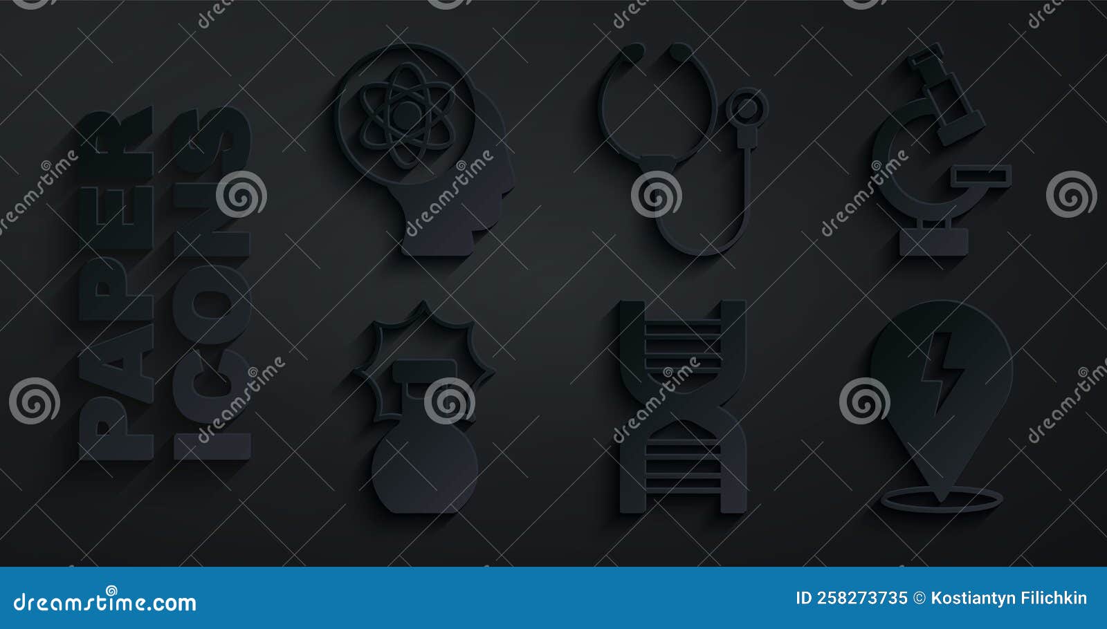 Set DNA Symbol, Microscope, Explosion in the Flask, Lightning Bolt ... Set DNA Symbol, Microscope, Explosion in the Flask, Lightning Bolt ...
