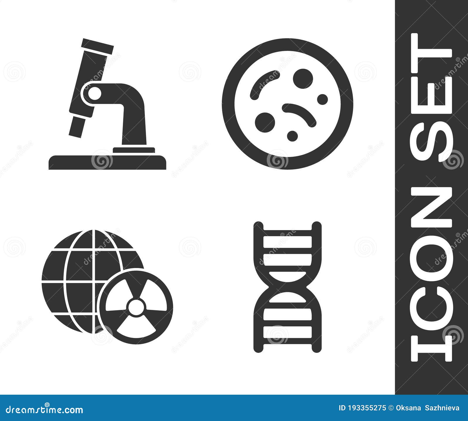 Set DNA Symbol, Microscope, Planet Earth and Radiation and Bacteria ...