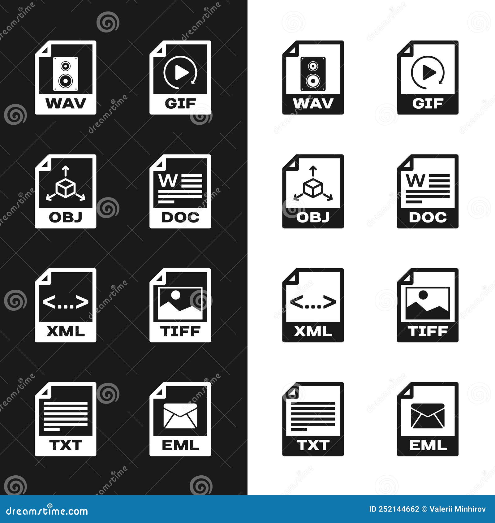 Set Doc File Document Obj Wav Gif Xml Y Tiff Icono. Vector Ilustración ... Set Doc File Document Obj Wav Gif Xml Y Tiff Icono. Vector Ilustración ...