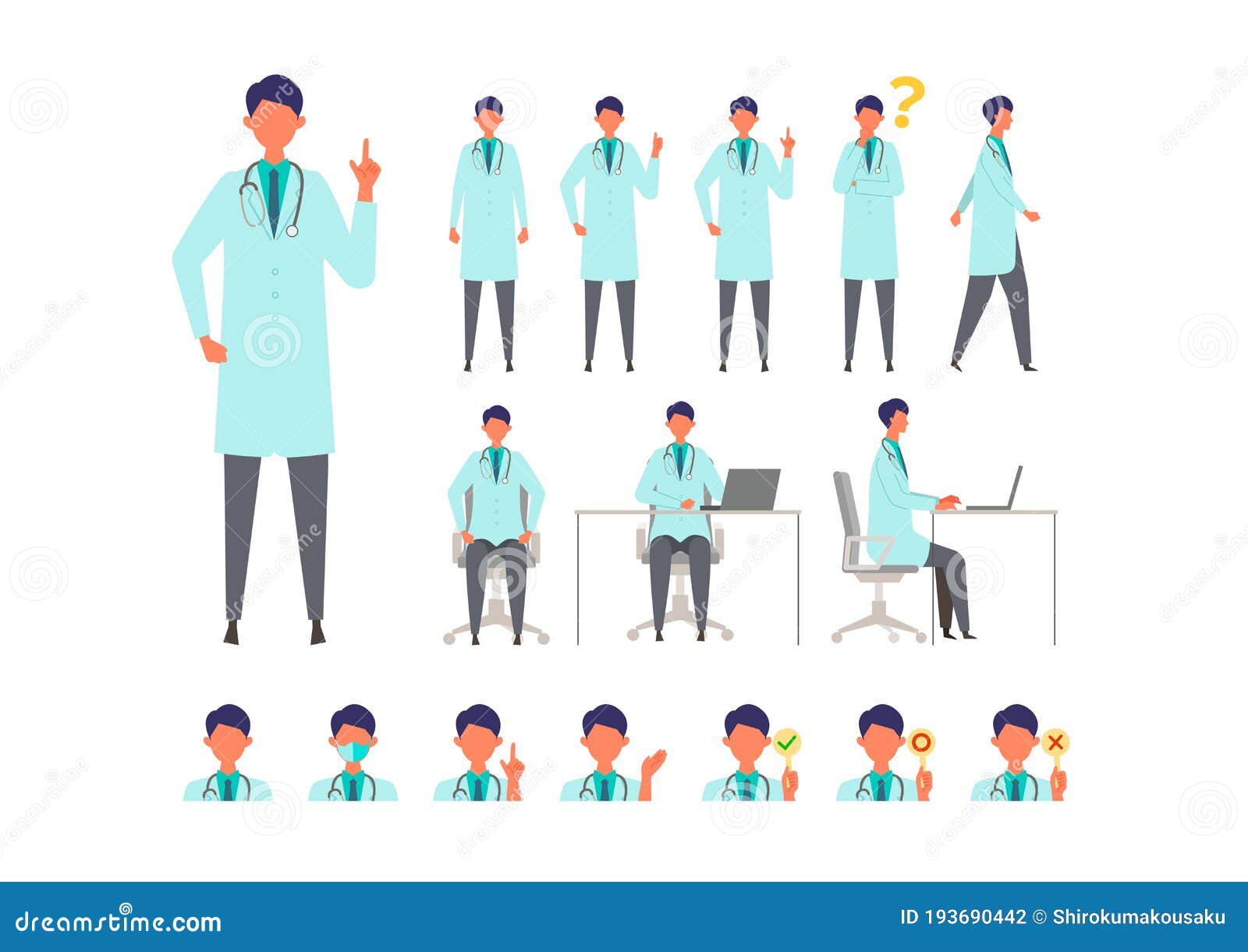 Set of Doctor Man in Lab Coat in Different Poses. Working, Standing ...