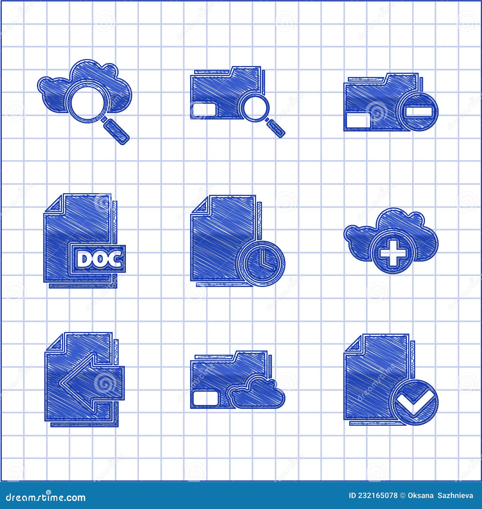 Set Document with Clock, Cloud Storage Text Document Folder, and Check Mark, Add Cloud, Next ...
