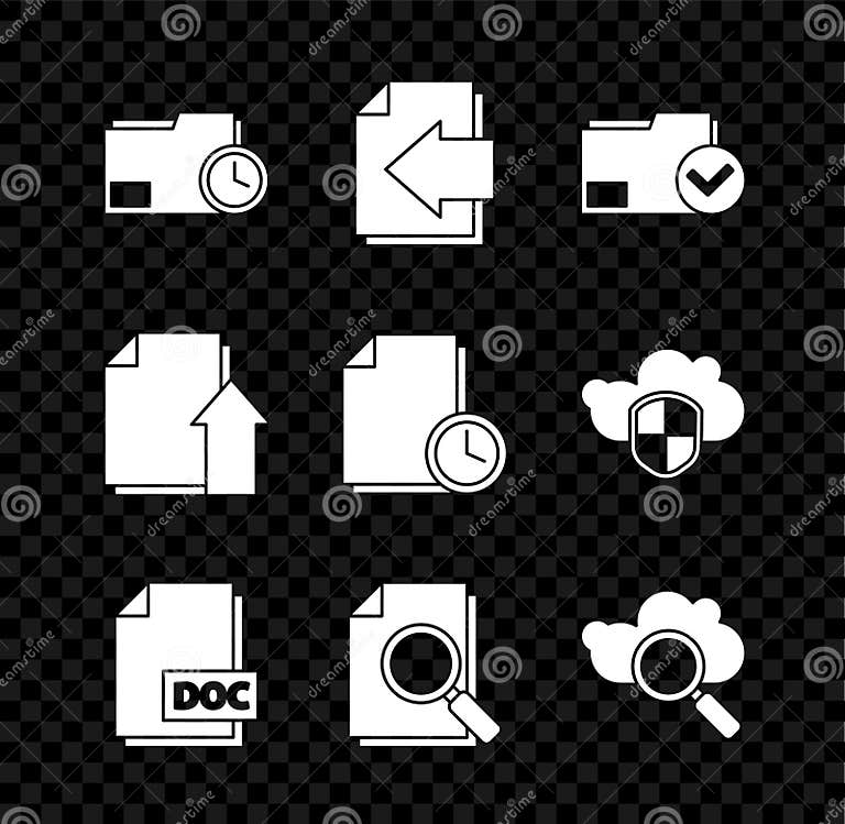 Set Document Folder with Clock, Next Page Arrow, and Check Mark, DOC File Document, Search ...