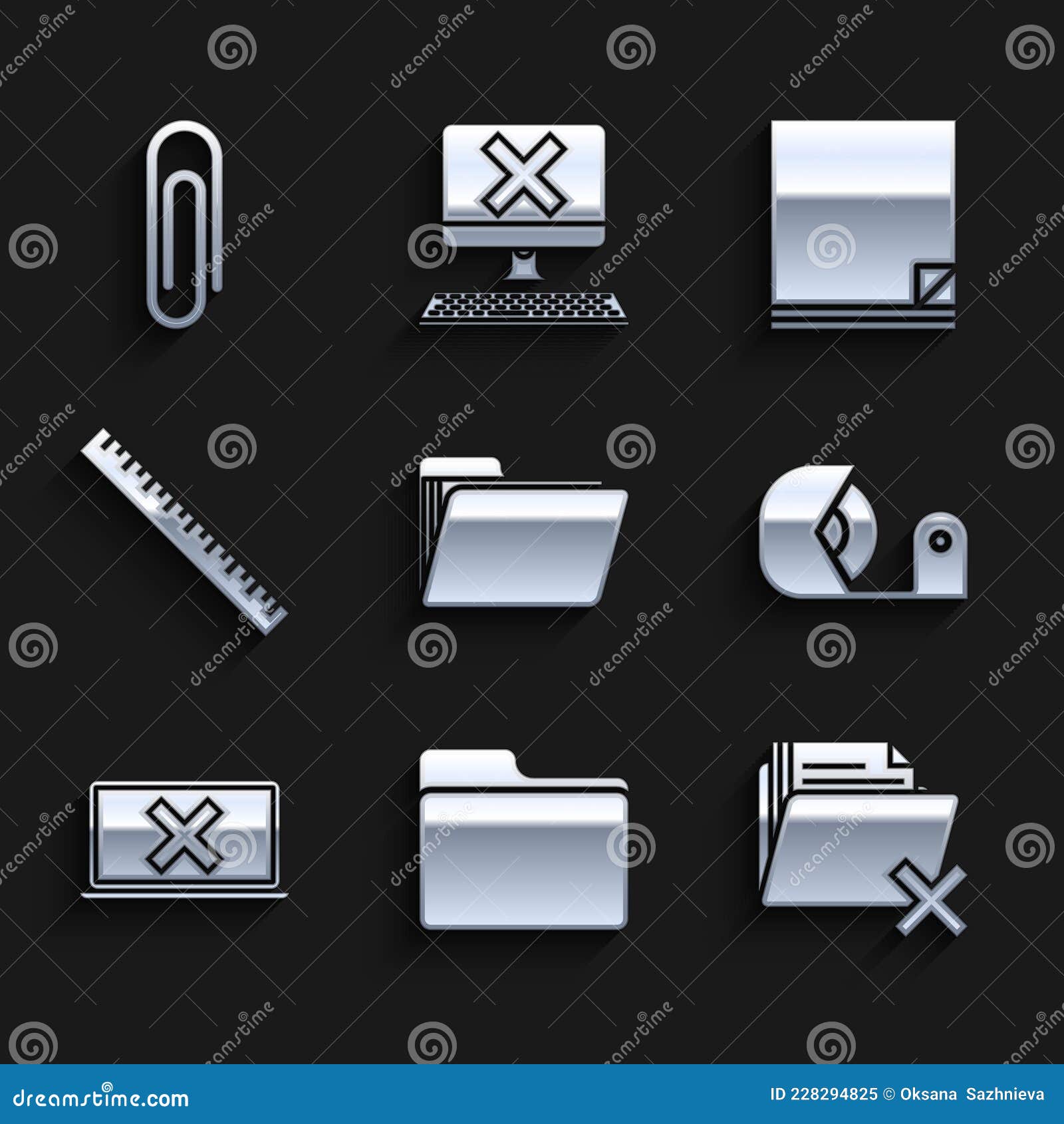 Set Document Folder, Delete, Scotch, Laptop and Cross Mark on Screen, Ruler, File Document and ...