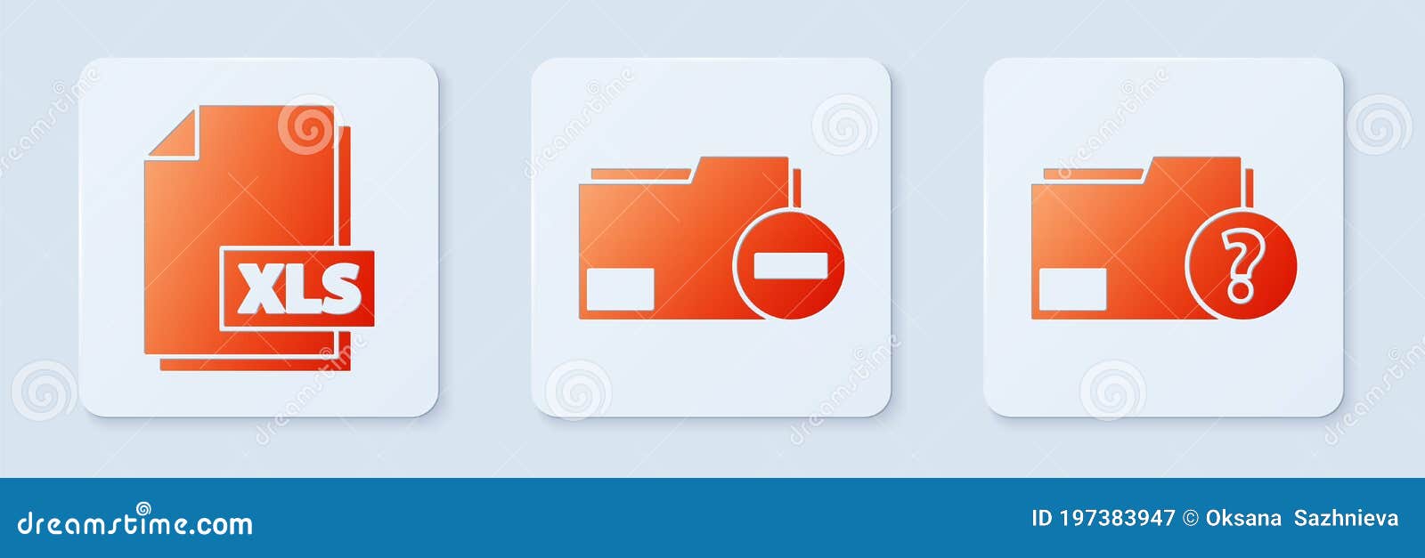 Set Document Folder with Minus, XLS File Document and Unknown Document Folder. White Square ...
