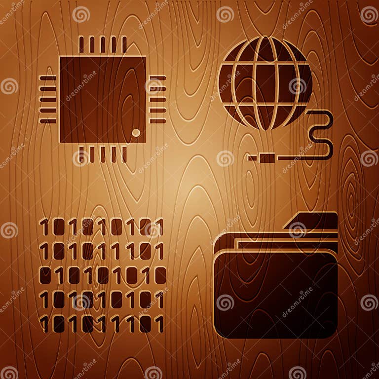Set Document Folder, Processor with Microcircuits CPU, Binary Code and Social Network on Wooden ...