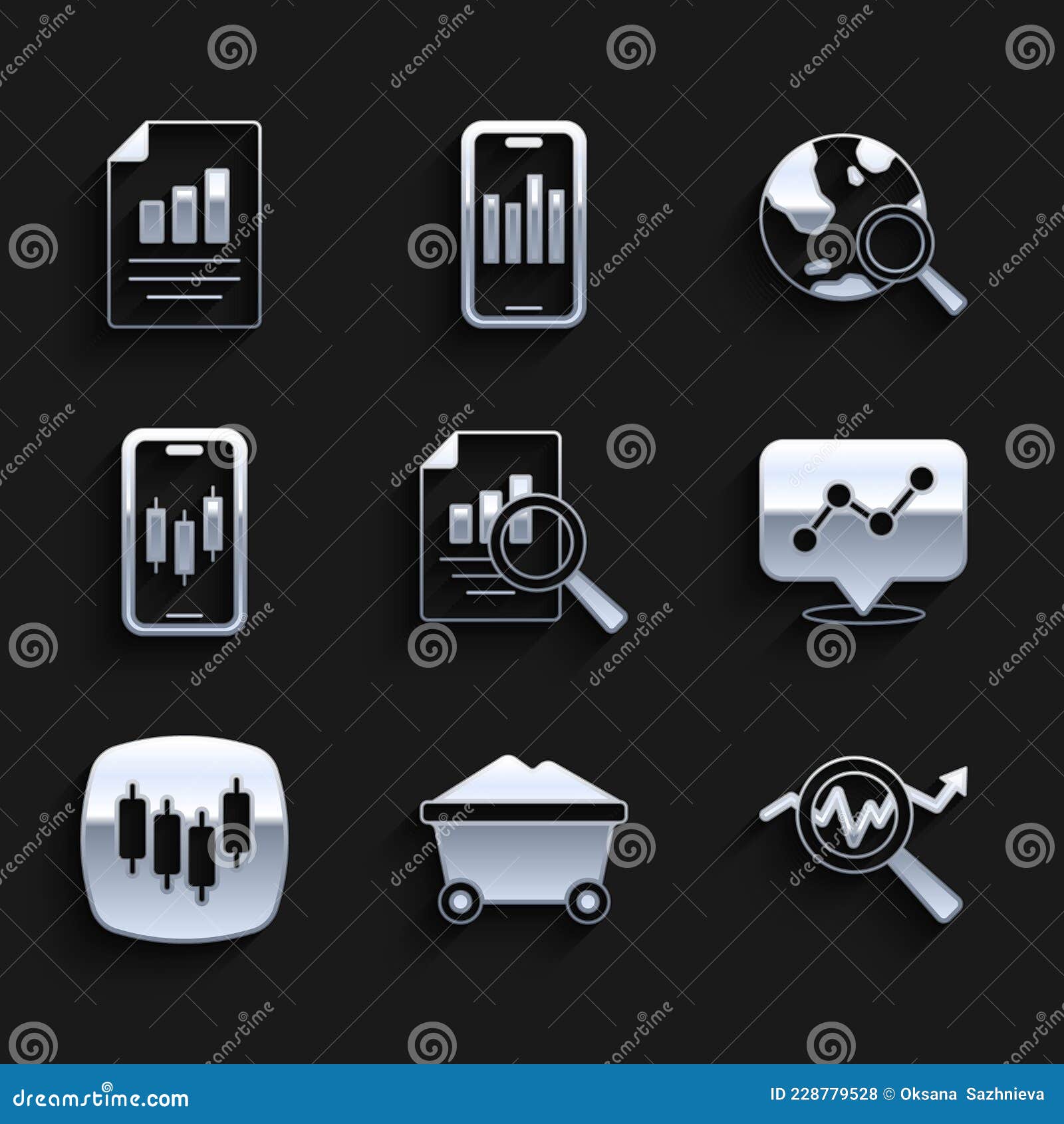 Set Document with Graph Chart, Coal Mine Trolley, Search Data Analysis, Graph Infographic ...