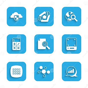 Set Document with Graph Chart, Mind Map Infographic, Pie, Server, Binary Code, Calculator ...