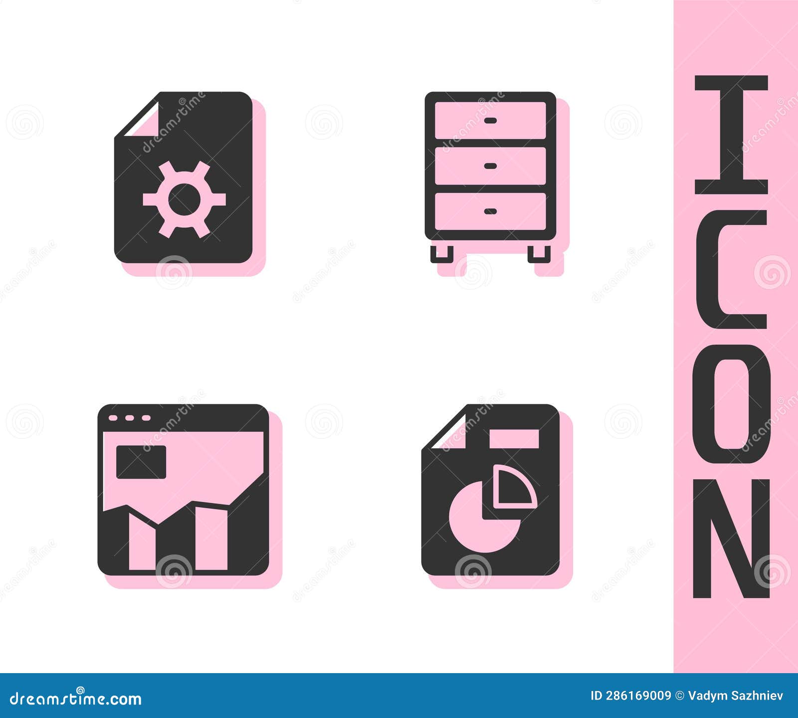 Set Document With Graph Chart Settings Graph Infographic And Archive Papers Drawer Icon