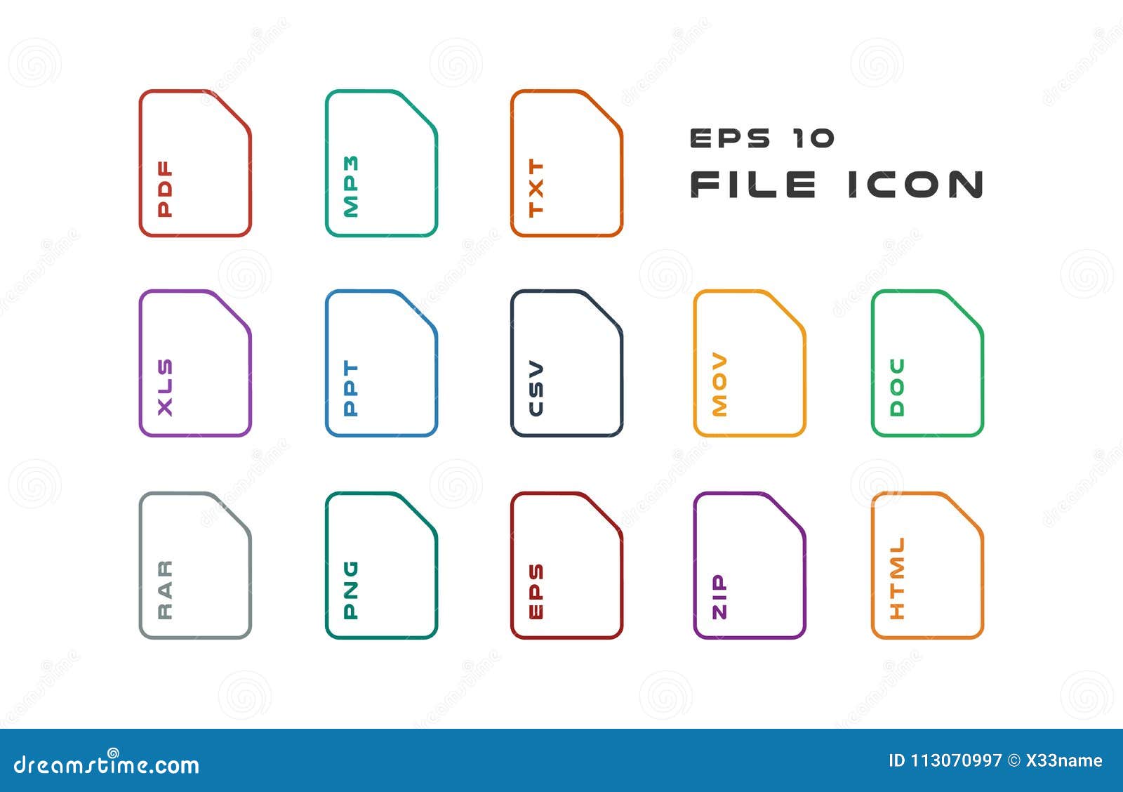 Set Of Document Labels And File Formats Icons. PDF, MP3, TXT, XLS, PPT ...