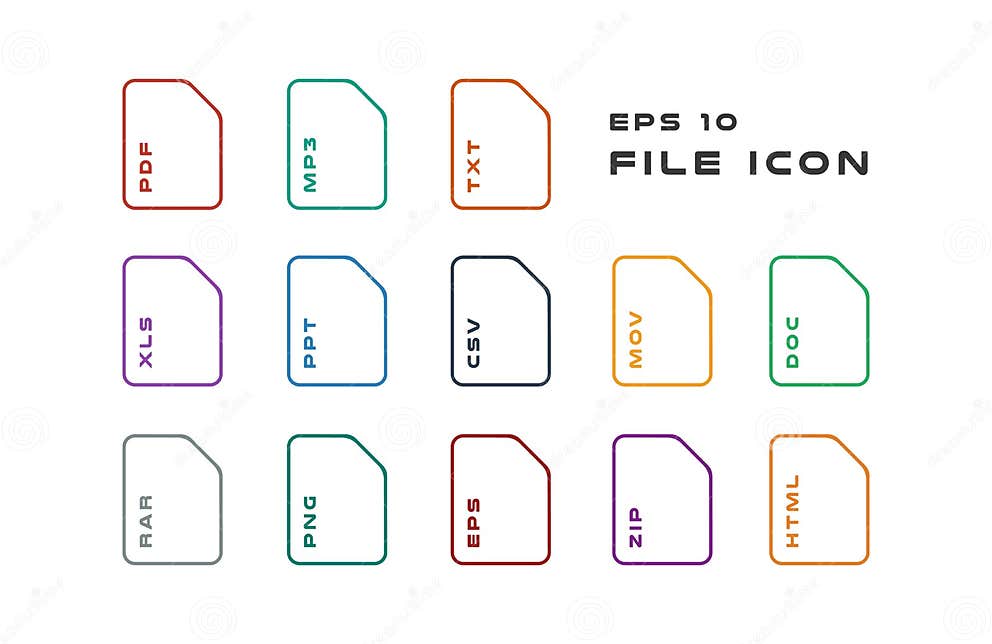 Set of Document Labels and File Formats Icons. PDF, MP3, TXT, XLS, PPT ...