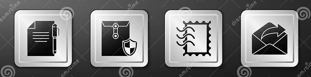 Set Document and Pen, Envelope with Shield, Postal Stamp and Outgoing ...