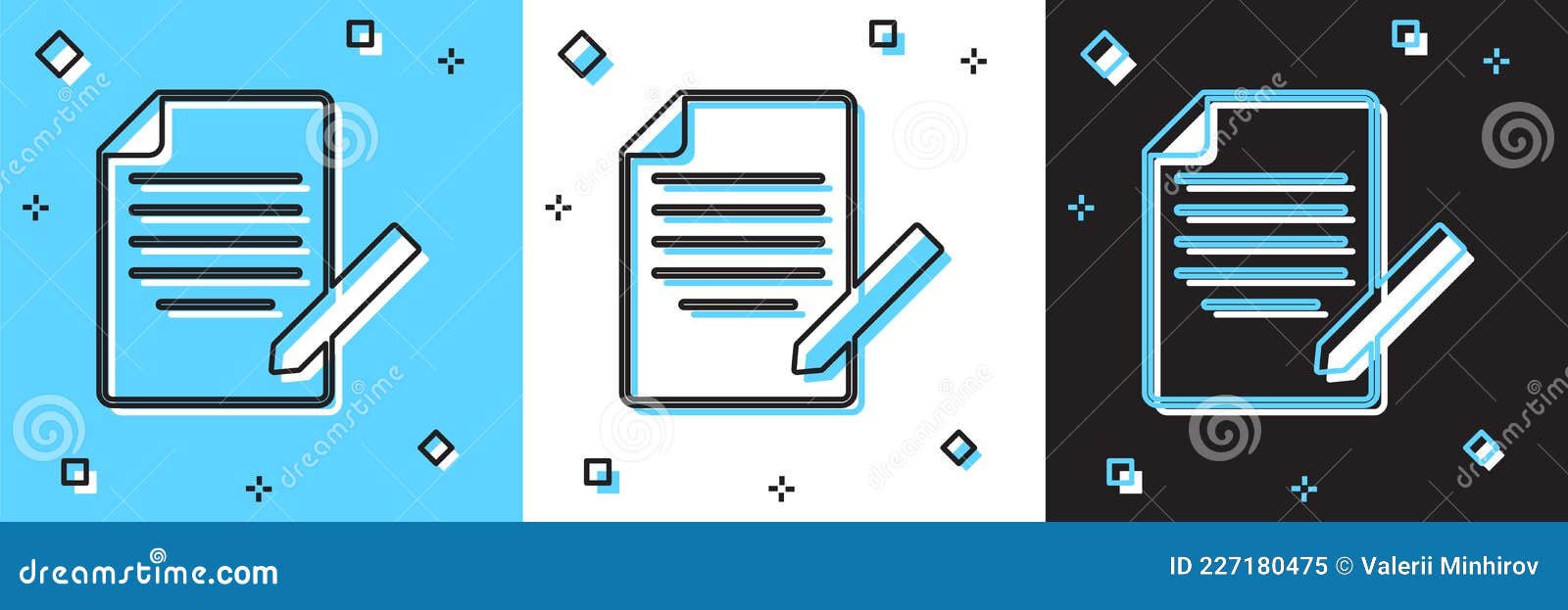Set Document and Pen Icon Isolated on Blue and White, Black Background ...
