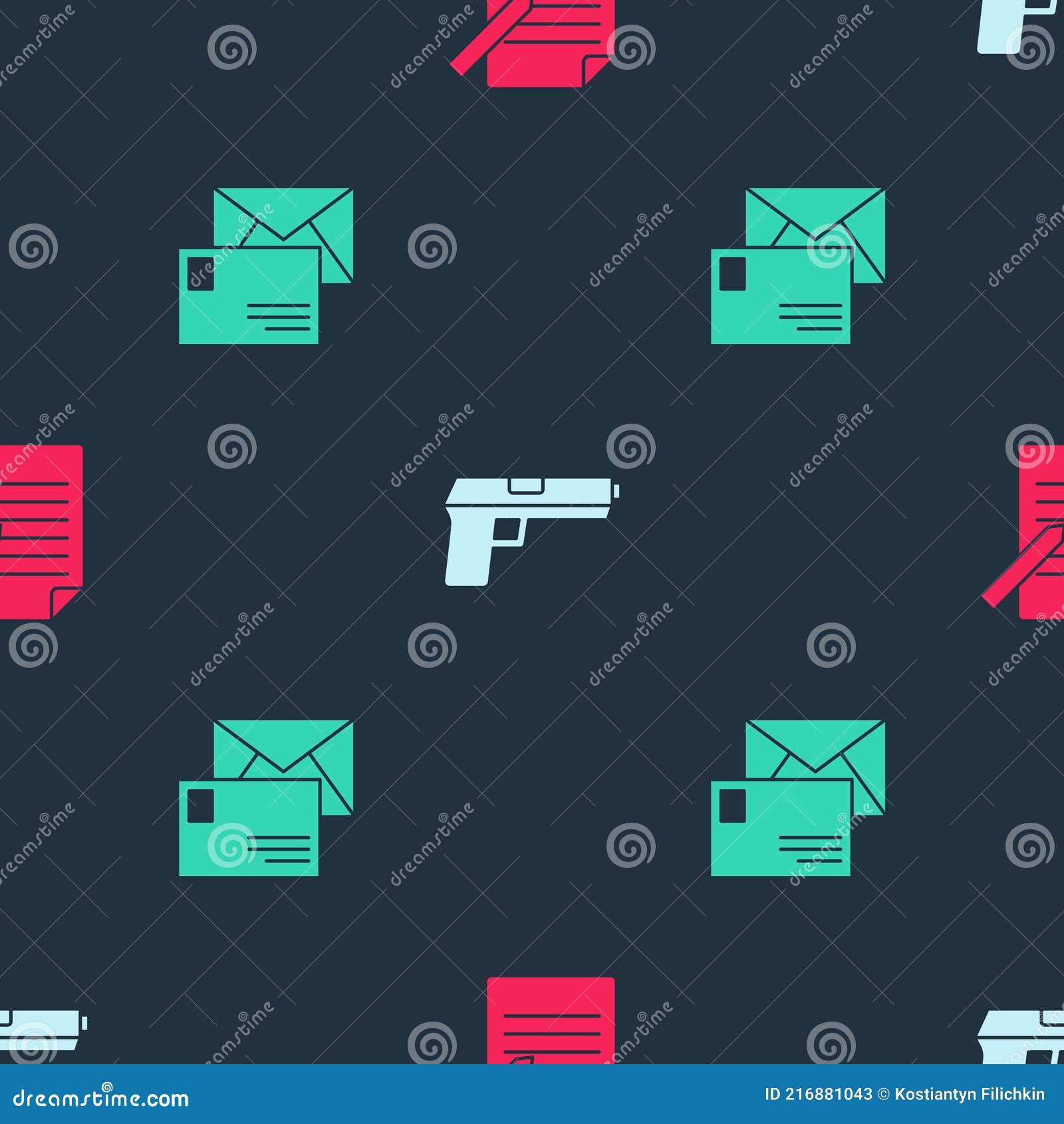 Set Document and Pen, Pistol or Gun and Envelope on Seamless Pattern ...