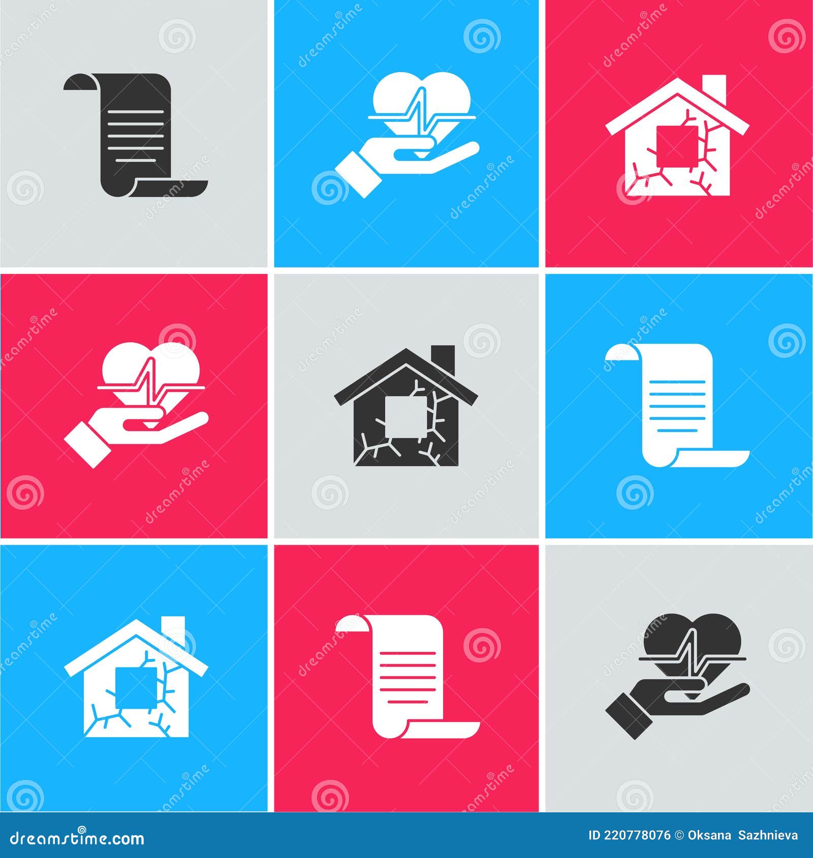 Set Document with Shield, Life Insurance in Hand and House Icon. Vector ...