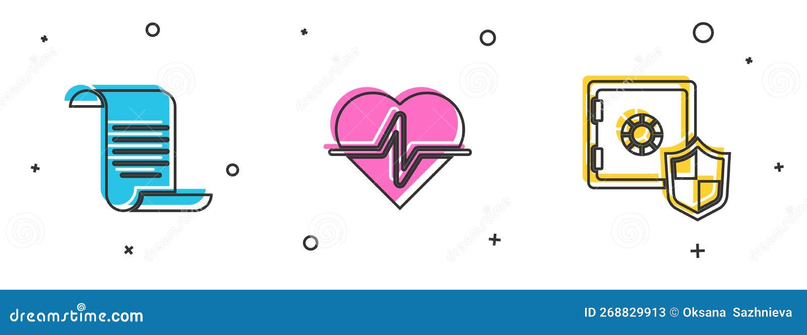 Set Document with Shield, Life Insurance and Safe Icon. Vector Stock ...