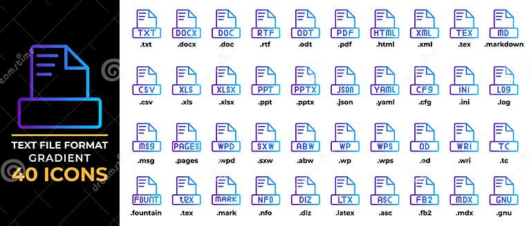 Set Document Text File Gradient Icon. Txt, Ppt, Pdf, Doc, Csv, Type ...