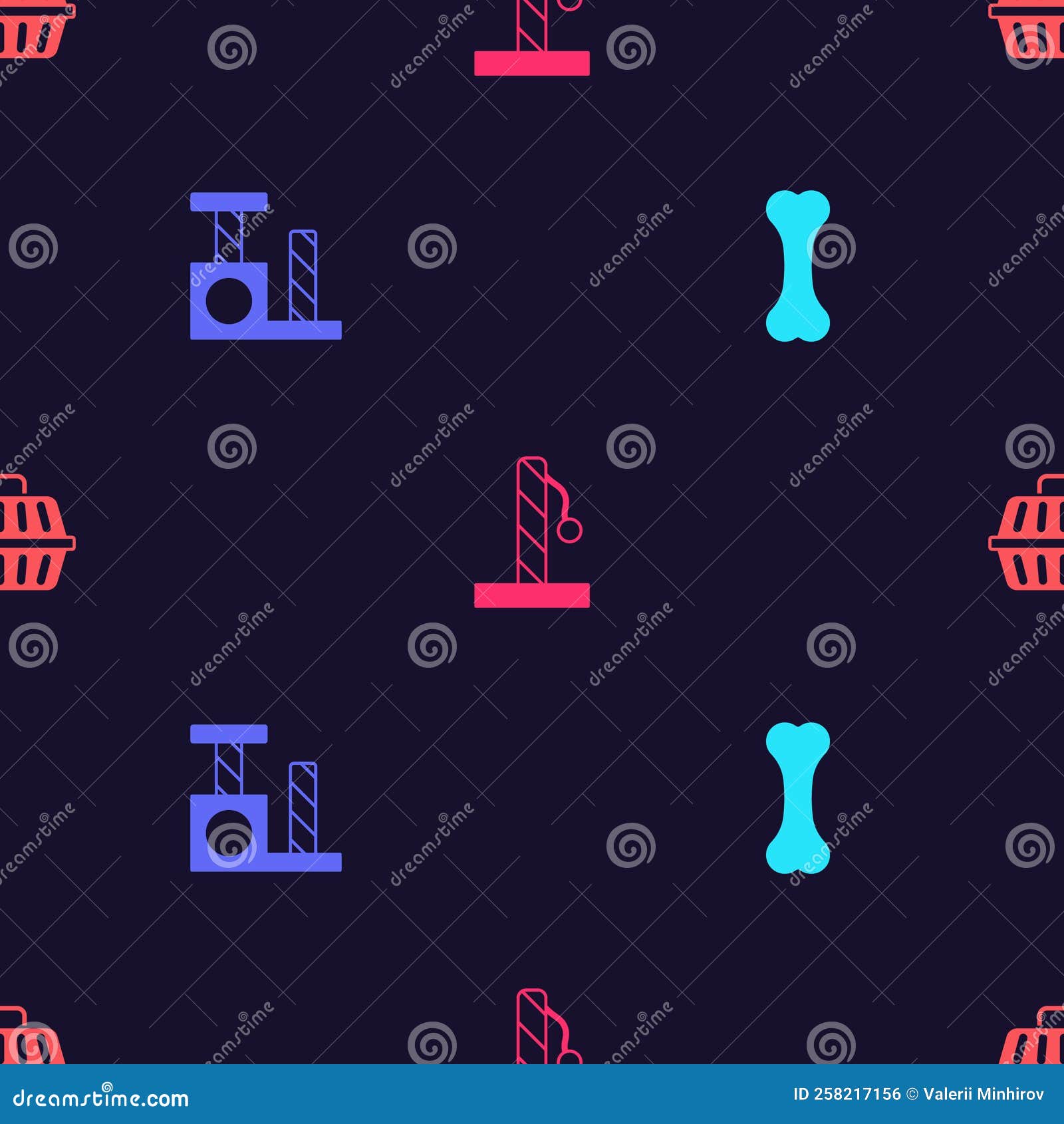 Set Dog Bone, Cat Scratching Post, and Pet Carry Case on Seamless ...