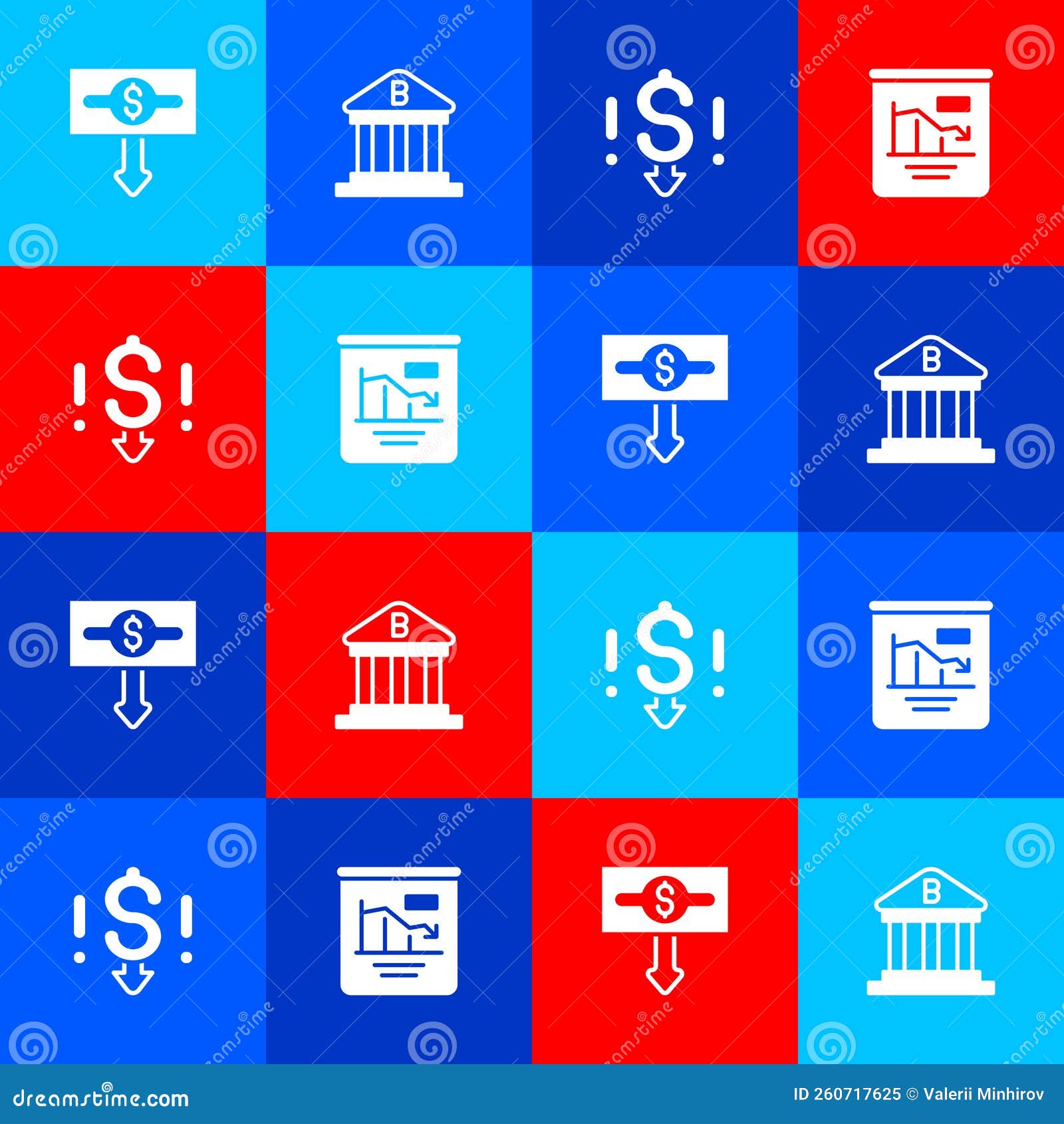 Set Dollar Rate Decrease, Bank Building, and Pie Chart Infographic Icon. Vector Stock Vector ...