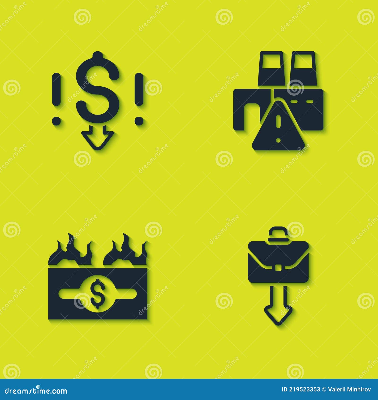 Set Dollar Rate Decrease, Briefcase, Burning Dollar Bill and Shutdown of Factory Icon. Vector ...