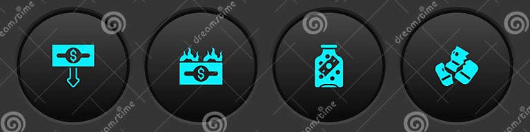 Set Dollar Rate Decrease, Burning Dollar Bill, Glass Money Jar with Coin and Credit Card Icon ...