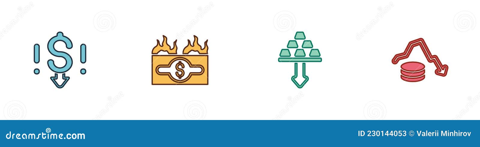 Set Dollar Rate Decrease, Burning Dollar Bill, Gold Bars and Icon. Vector Stock Vector ...