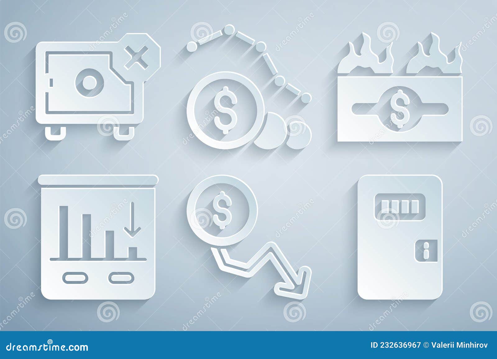 Set Dollar Rate Decrease, Burning Dollar Bill, Pie Chart Infographic, Prison Cell Door, and Safe ...
