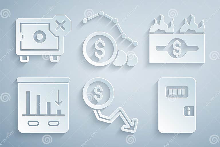 Set Dollar Rate Decrease, Burning Dollar Bill, Pie Chart Infographic, Prison Cell Door, and Safe ...