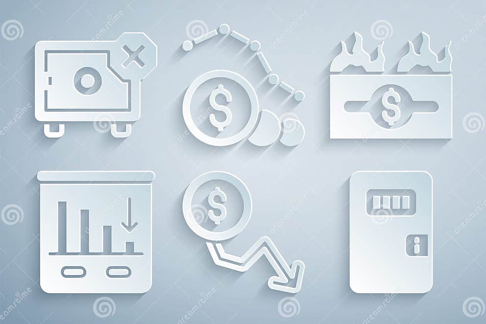 Set Dollar Rate Decrease, Burning Dollar Bill, Pie Chart Infographic, Prison Cell Door, and Safe ...