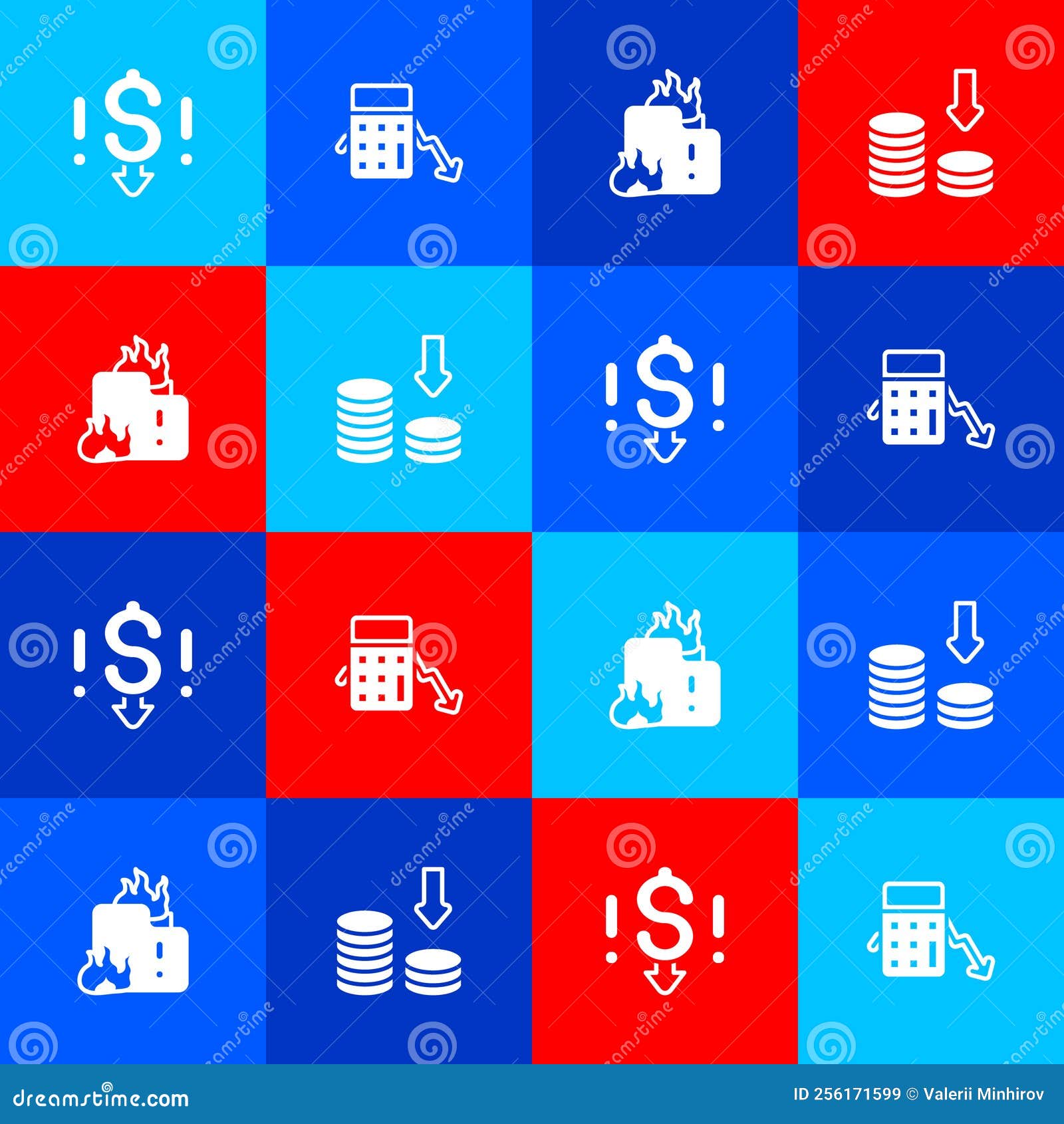 Set Dollar Rate Decrease, Calculation of Expenses, Fire in Burning House and Icon. Vector Stock ...