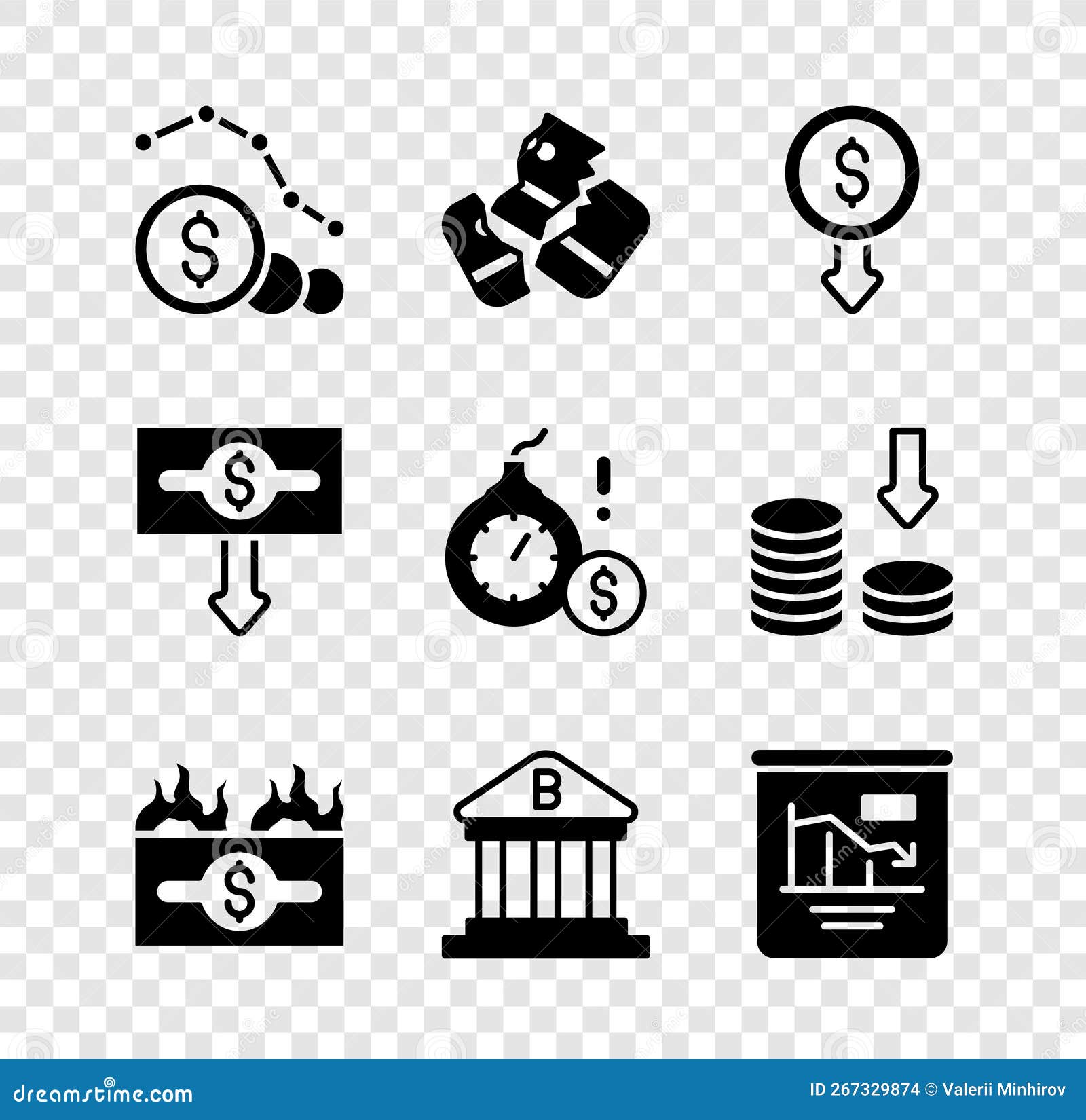 Set Dollar Rate Decrease, Credit Card, Burning Dollar Bill, Bank Building, Pie Chart Infographic ...