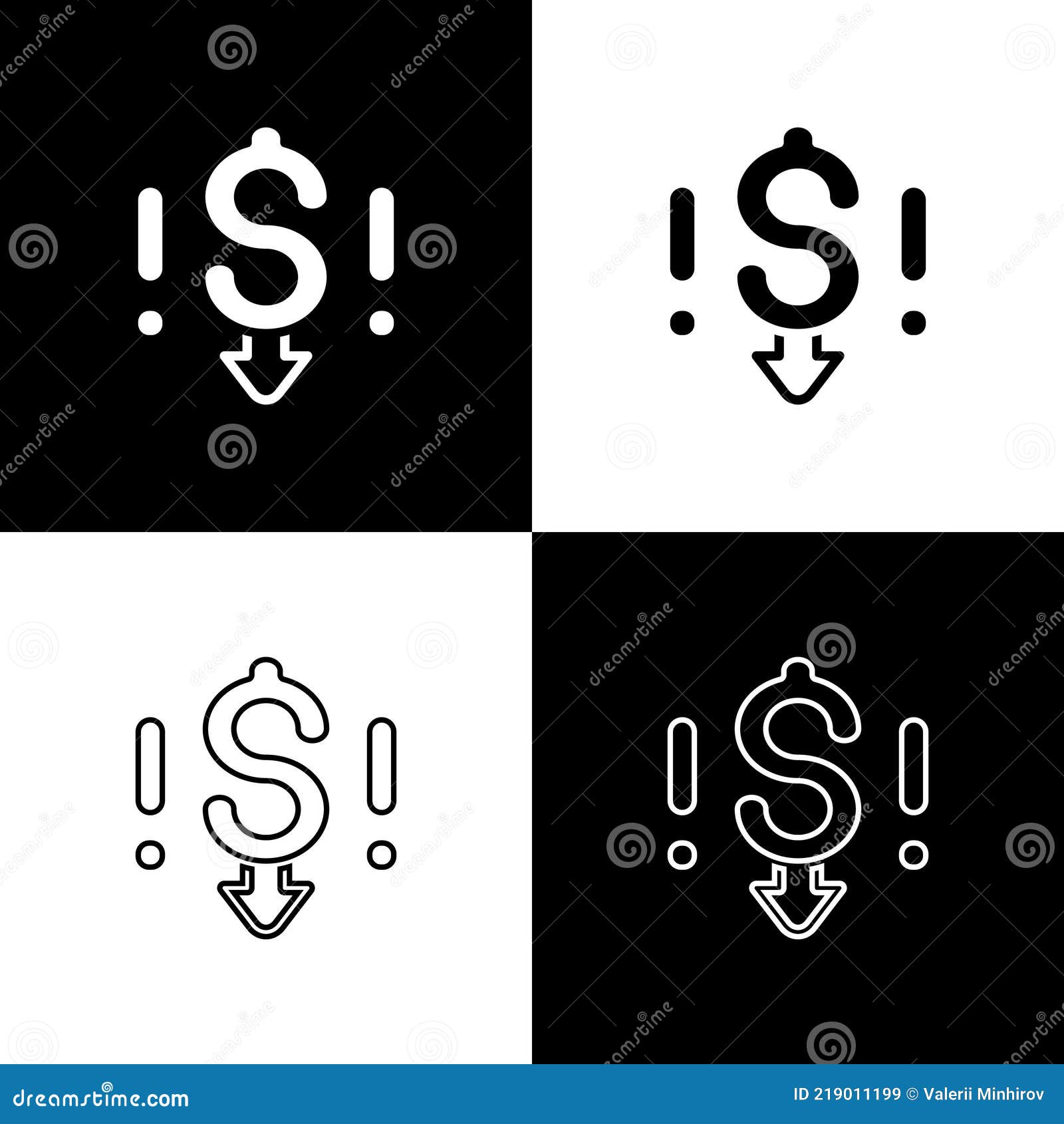 Set Dollar Rate Decrease Icon Isolated on Black and White Background. Cost Reduction Stock ...