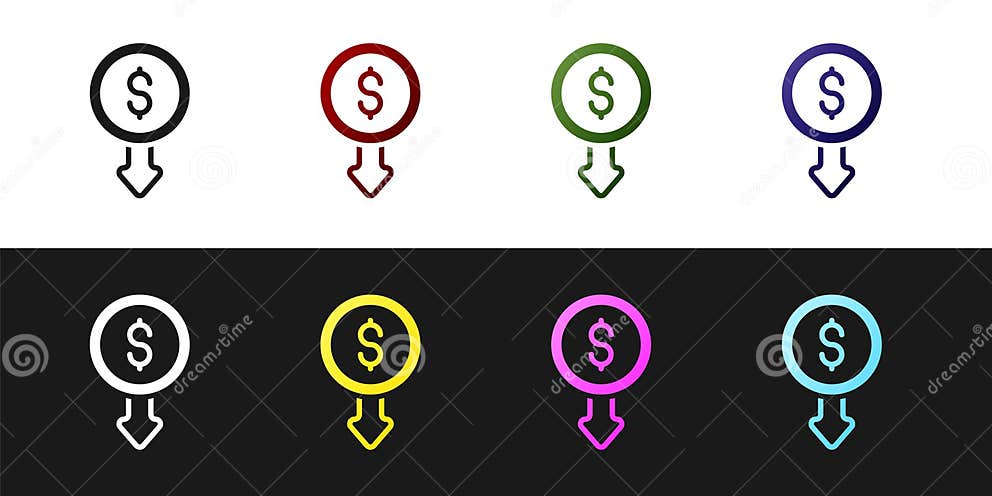 Set Dollar Rate Decrease Icon Isolated on Black and White Background. Cost Reduction Stock ...