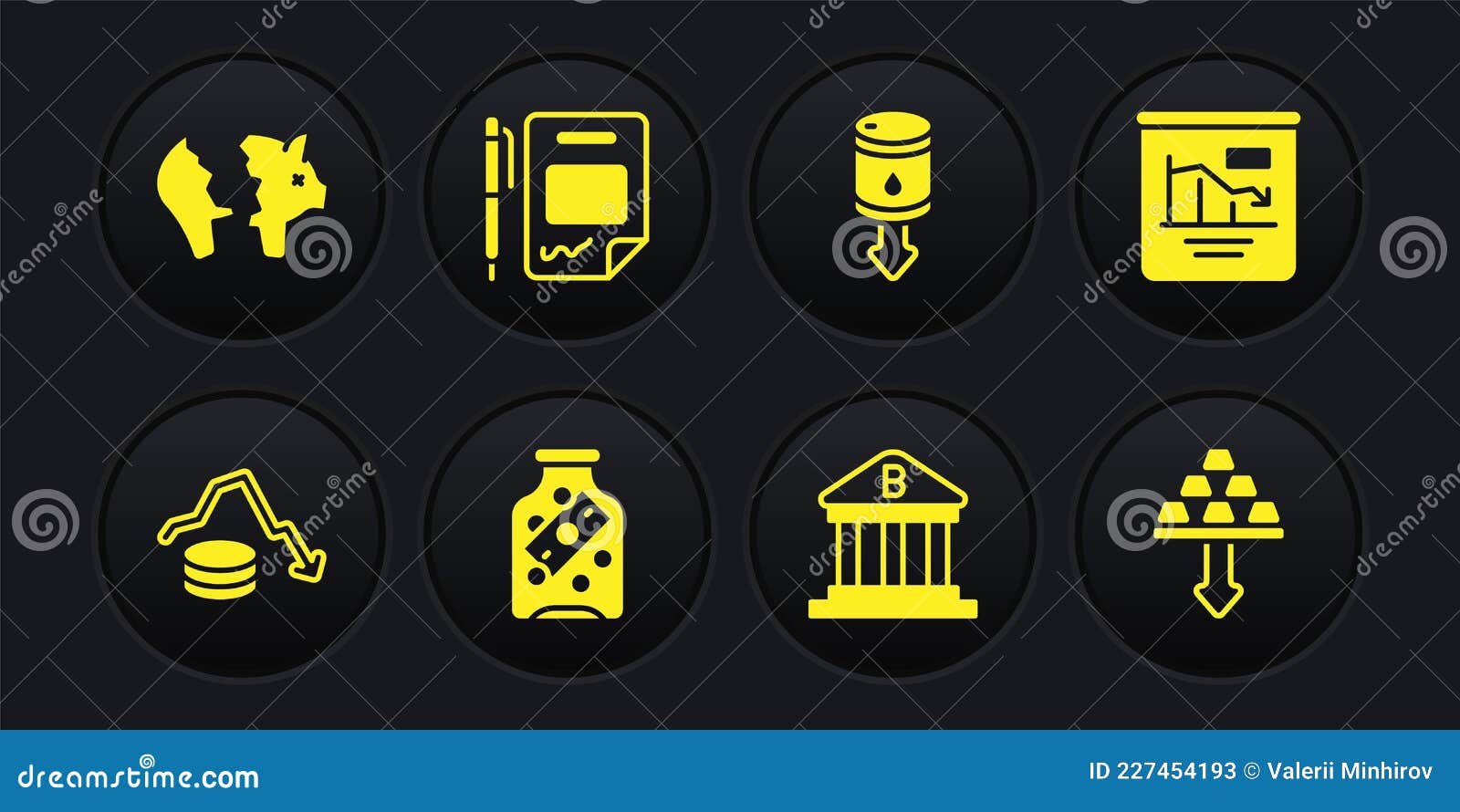 Set Dollar Rate Decrease, Pie Chart Infographic, Glass Money Jar with Coin, Bank Building, Drop ...