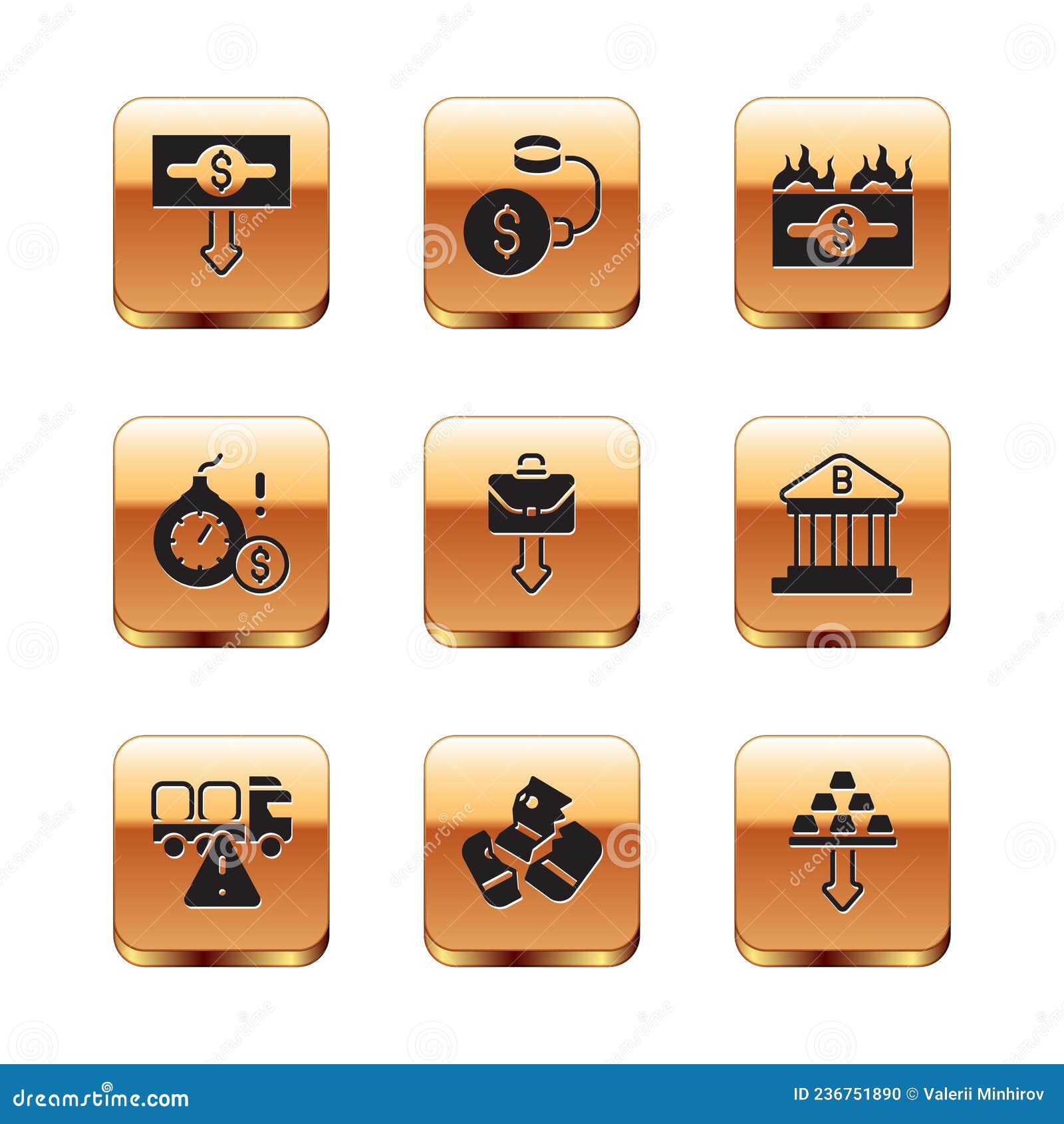 Set Dollar Rate Decrease, Stop Delivery Cargo Truck, Credit Card, Briefcase, Money Bomb Dollar ...