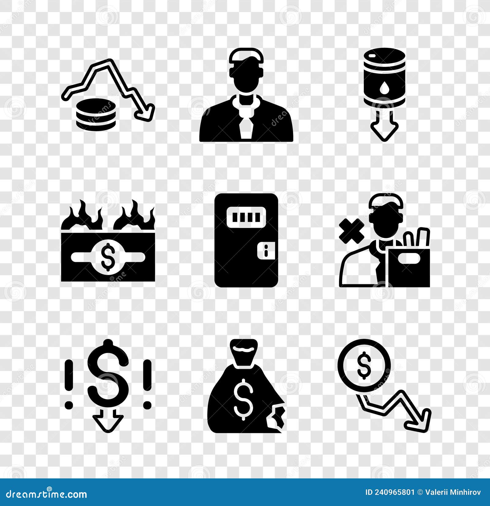 Set Dollar Rate Decrease, Worker, Drop in Crude Oil Price, Money Bag, Burning Dollar Bill and ...