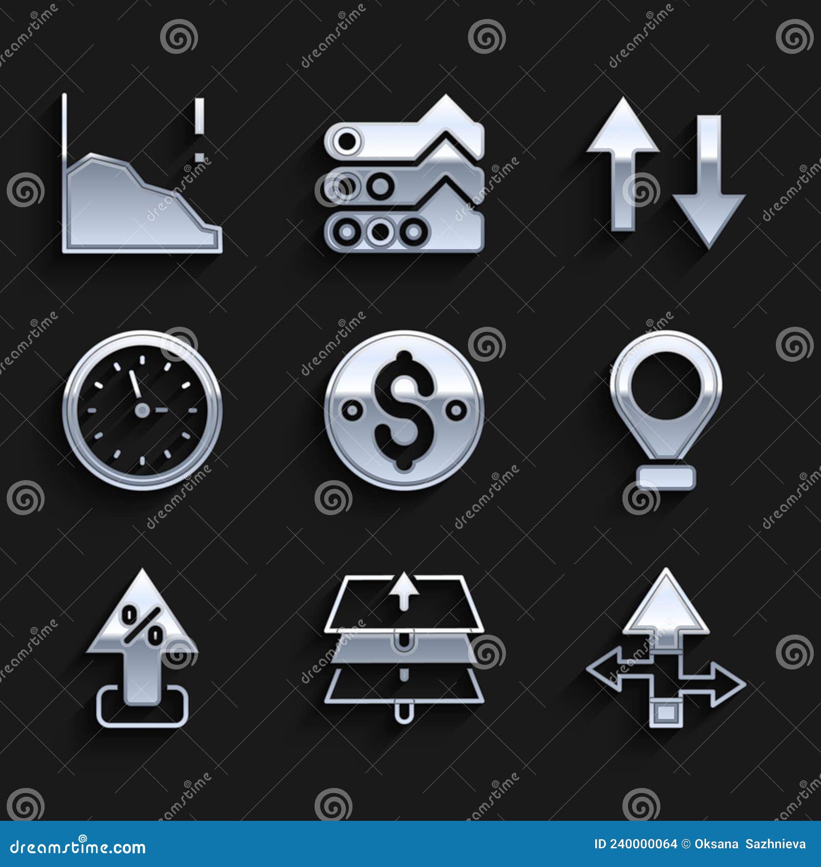 Set Dollar Symbol, Layers, Arrow, Location, Percent Up Arrow, Clock ...