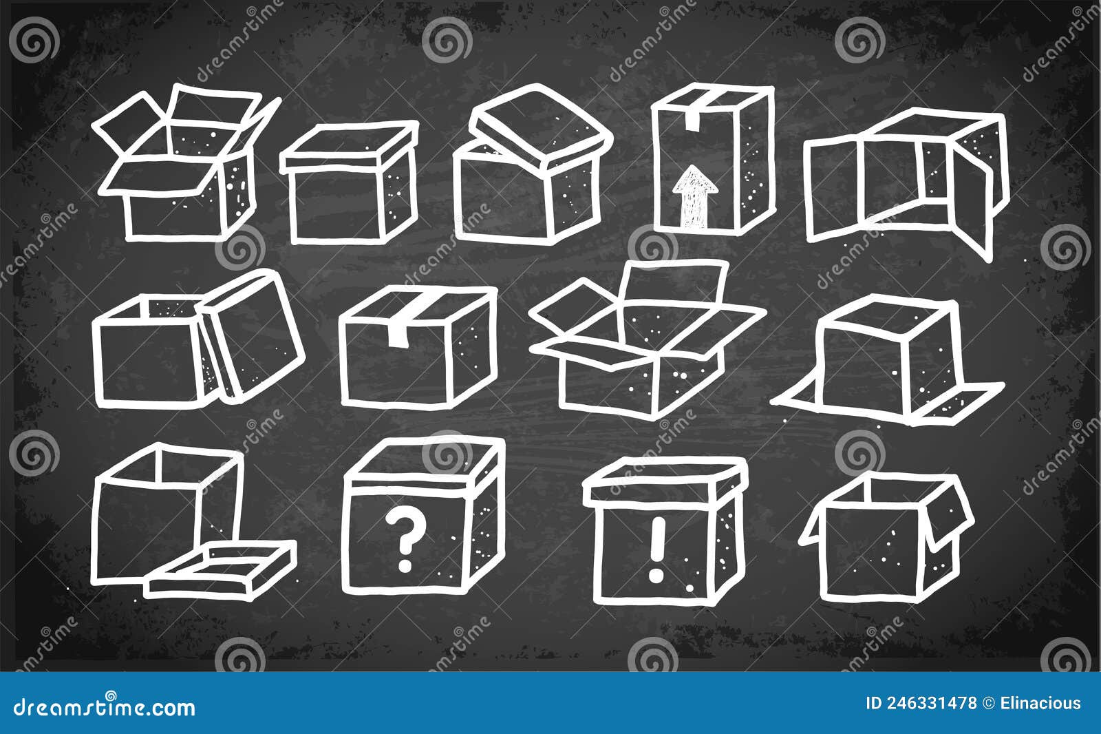 Set Of Doodle Cardboard Boxes On Blackboard Background. Vector Sketch ...