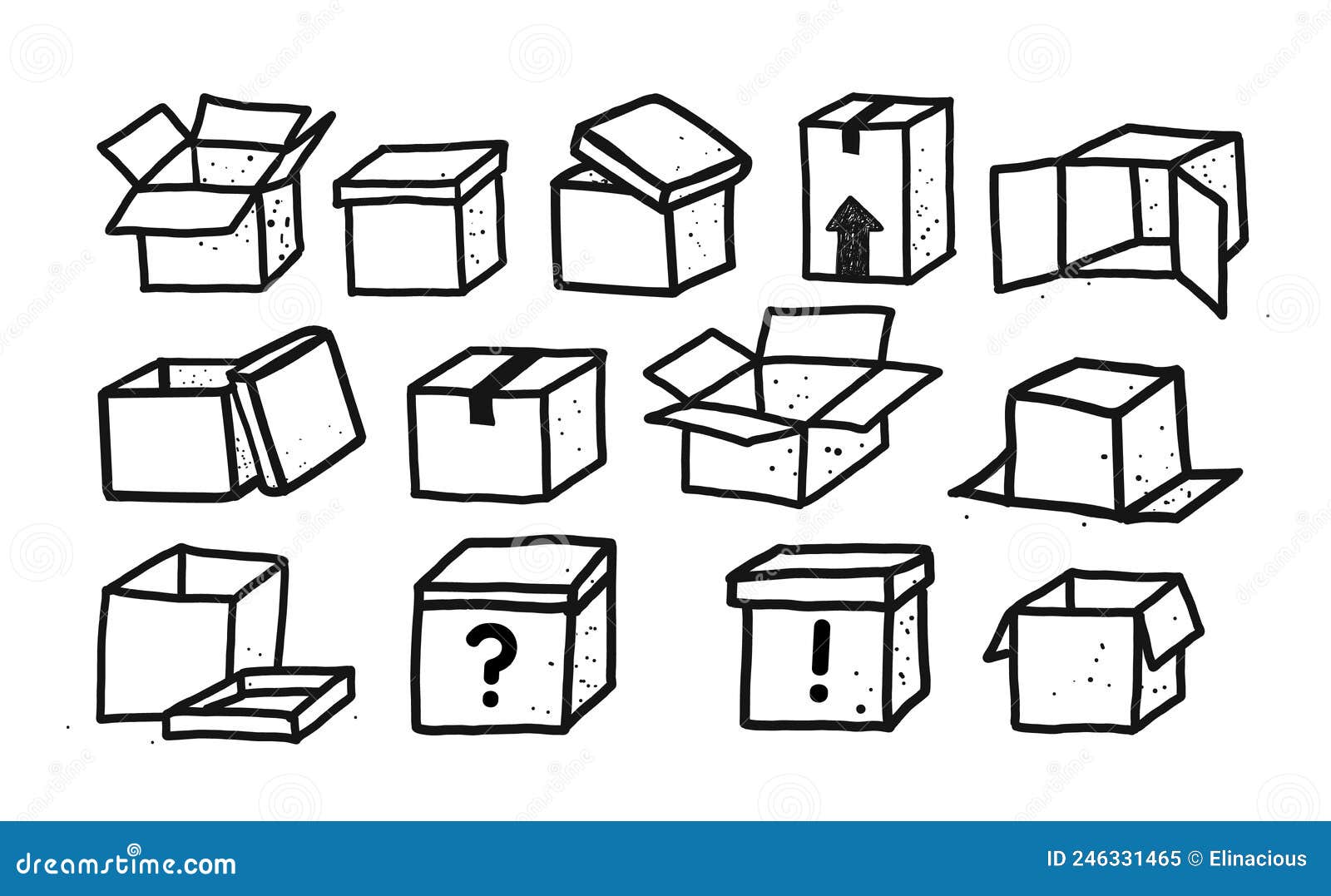 Set Of Doodle Cardboard Boxes On White Background. Vector Doodle Sketch ...