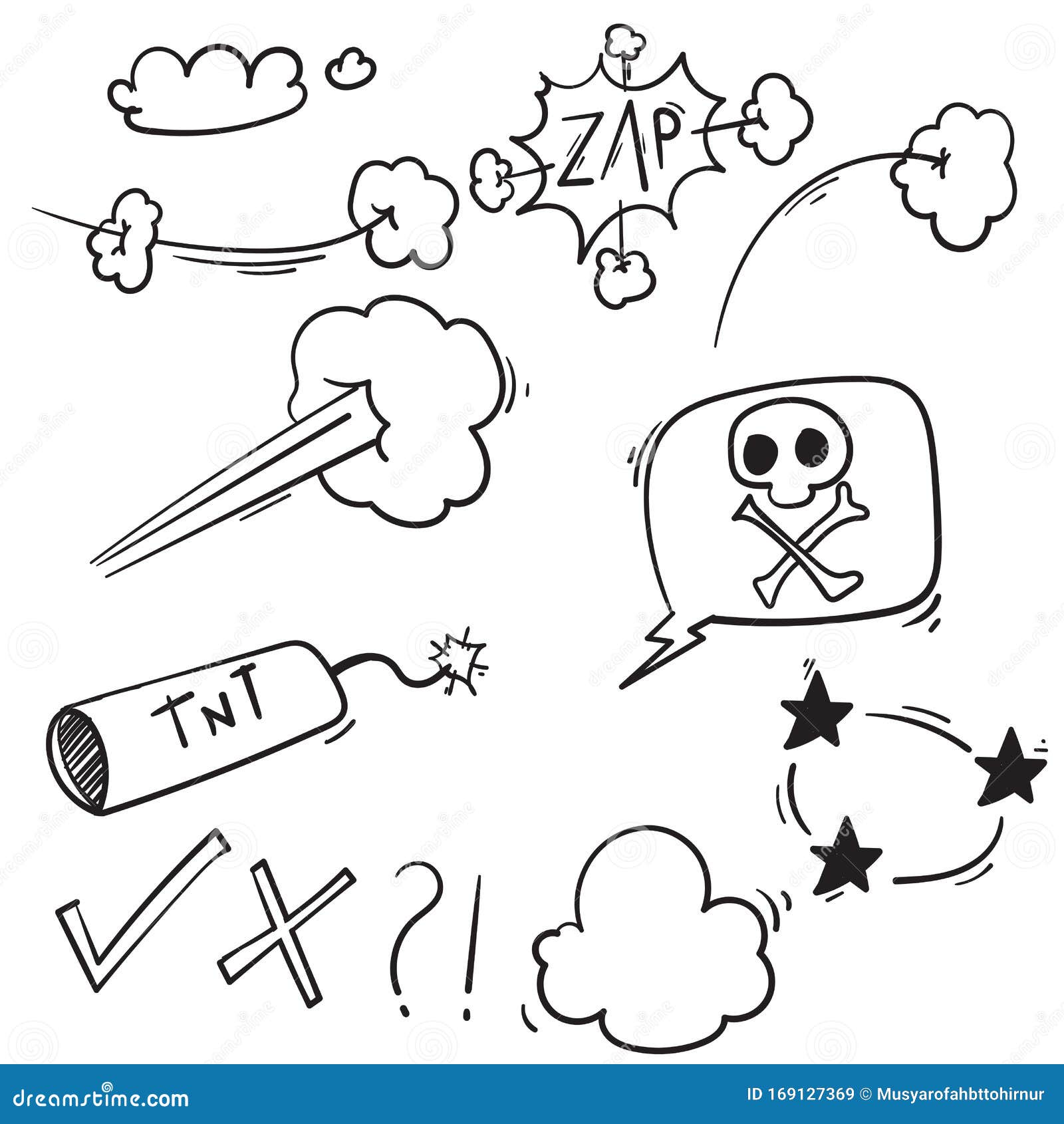 Set Of Doodle Comic Elements Cartoon Isolated On White Background With ...