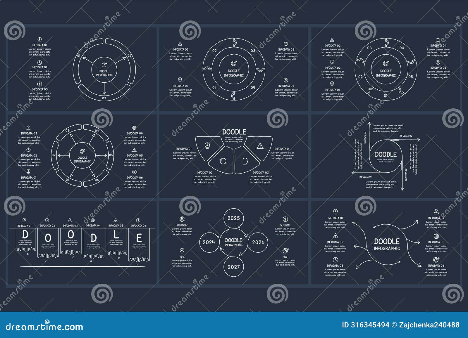 Set Doodle Concept for Infographic with 3, 4, 5, 6 Steps, Parts or ...