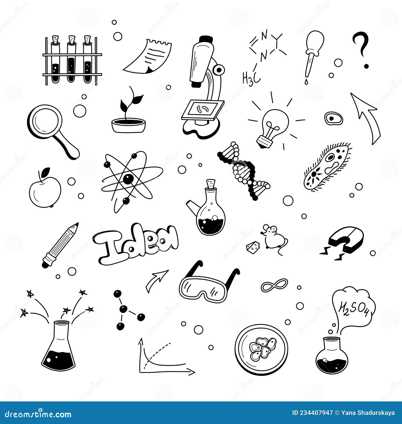 A Set of Doodle Elements of Science. Chemistry and Biology. Vector ...