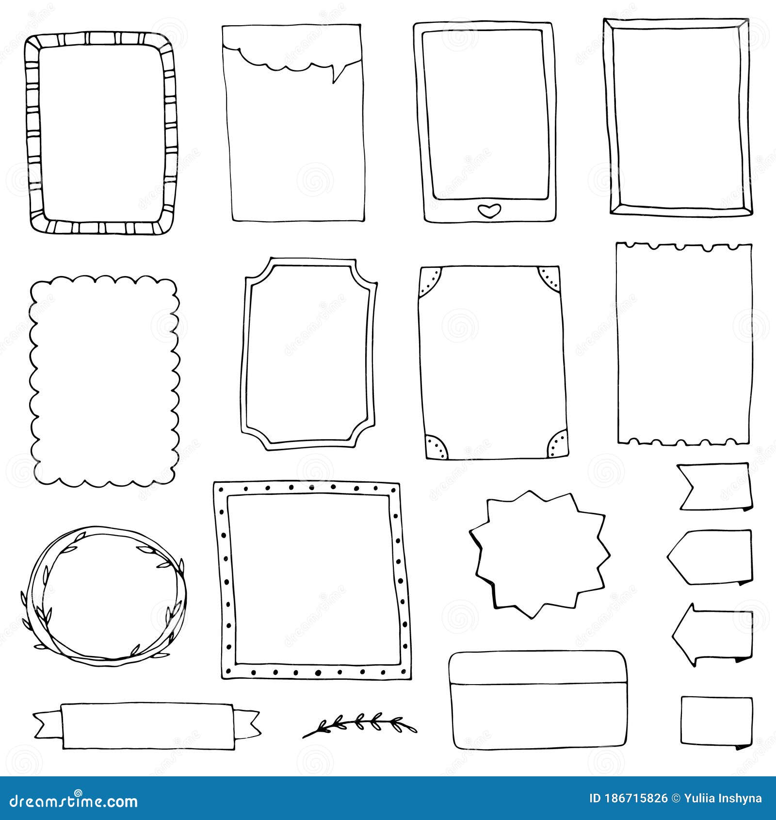 Doodle Frames. Square Hand Draw Borders, Pencil Circle Line, Round ...