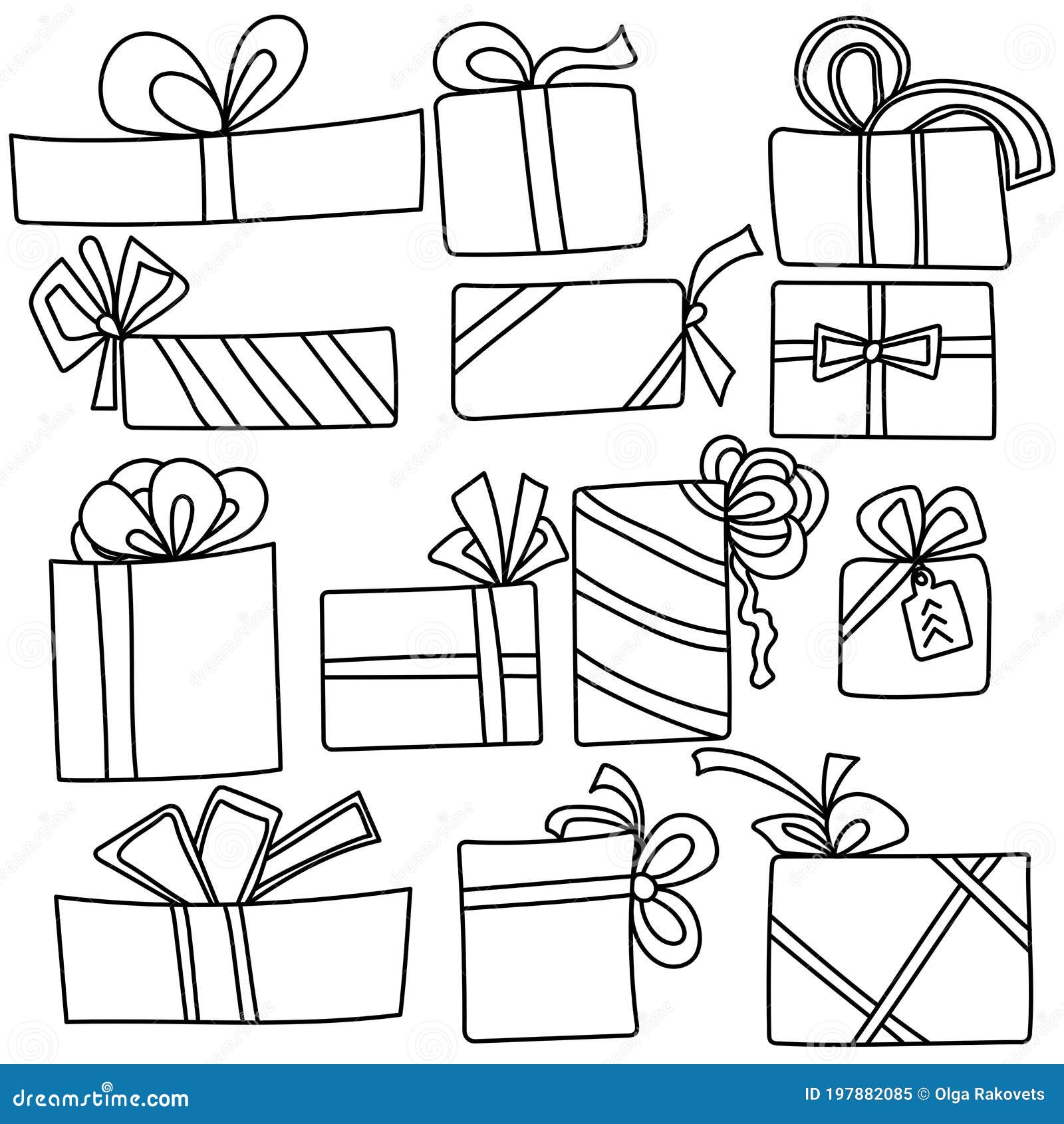 Set of Doodle Gift Boxes of Various Shapes and Sizes, with Ribbons and ...