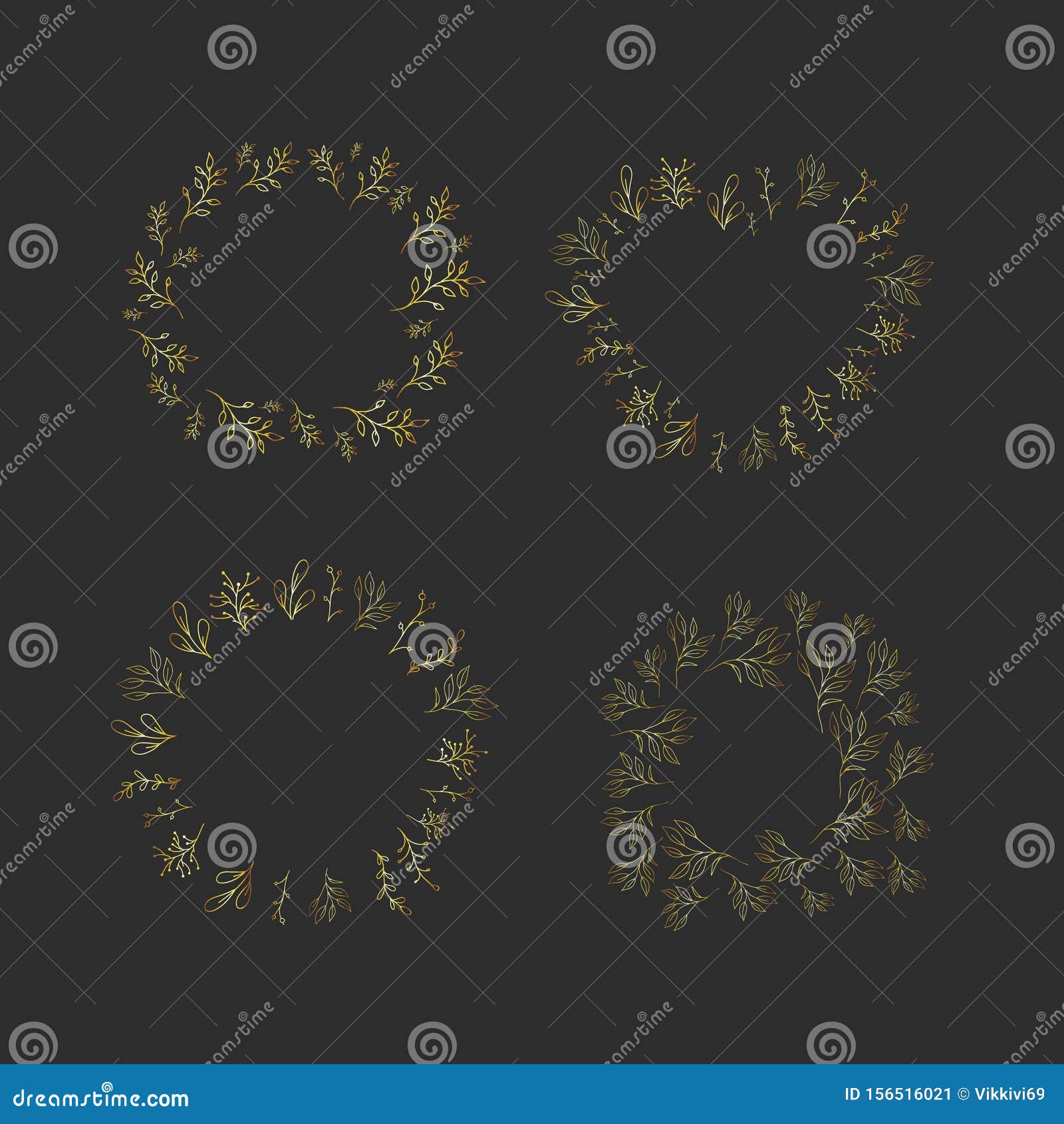Set of Doodle Hand Drawn Gold Frame with Leaves. Vector Illustration ...