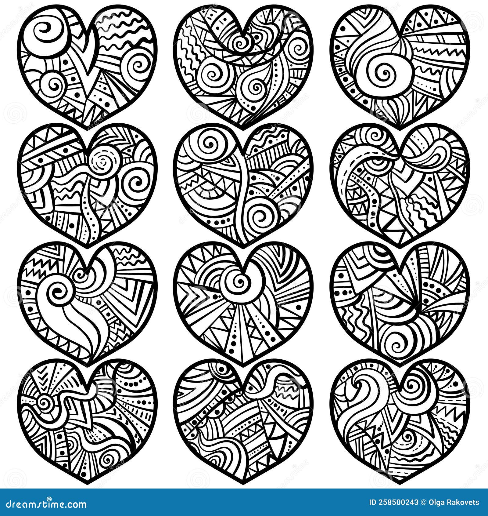 Set of Doodle Hearts with Patterns, Valentines with Zen Curls Stock ...