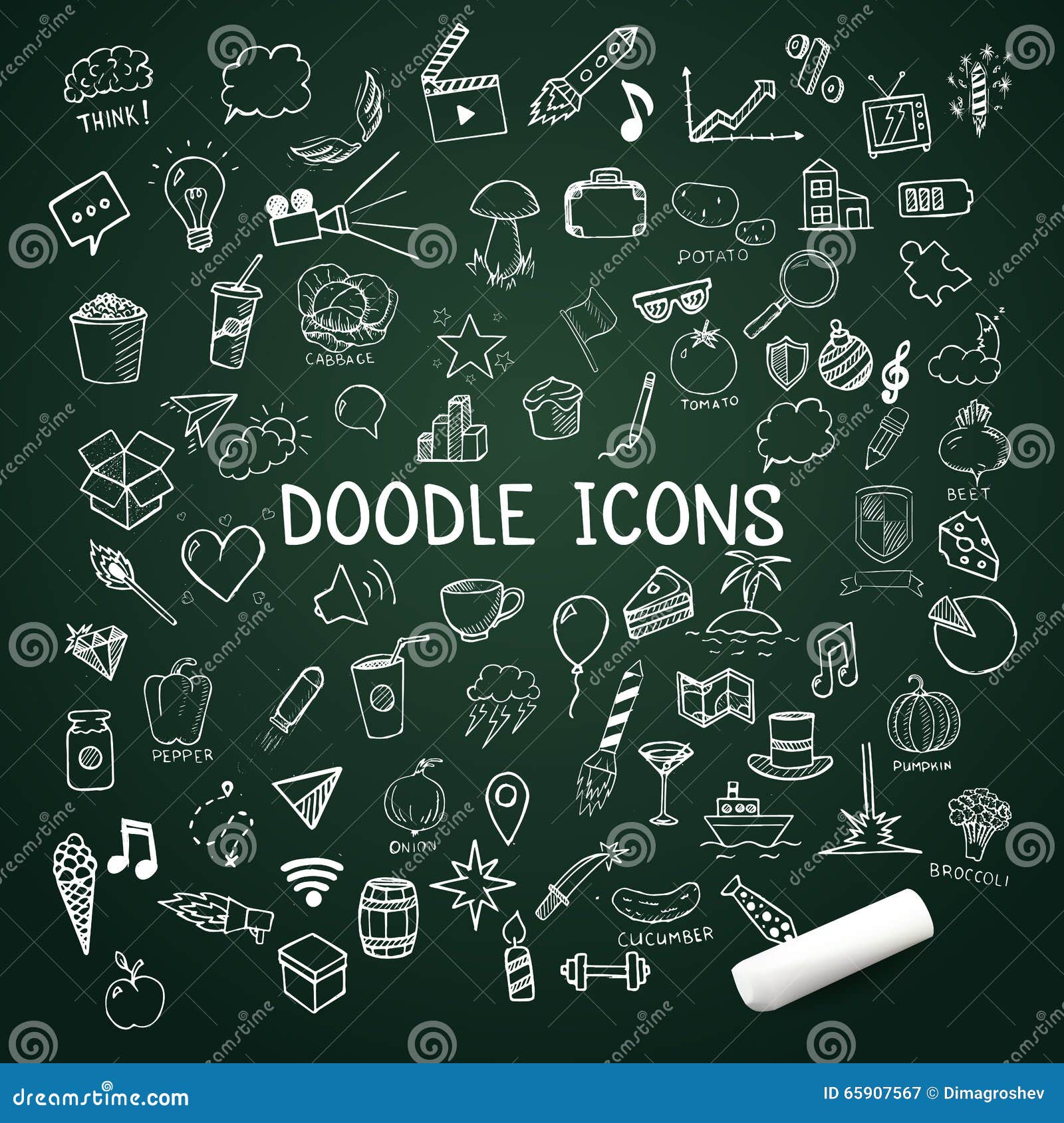 Set of Doodle Icons, Vector Hand-drawn Objects with Chalk Stock Vector ...