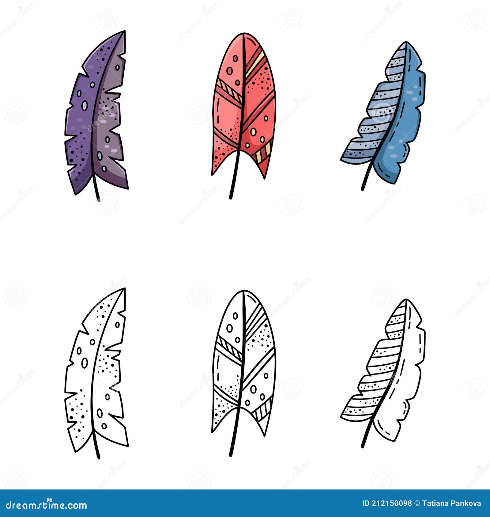 A Set of Doodle Illustrations of Bright Cartoon Feathers. a Set of ...